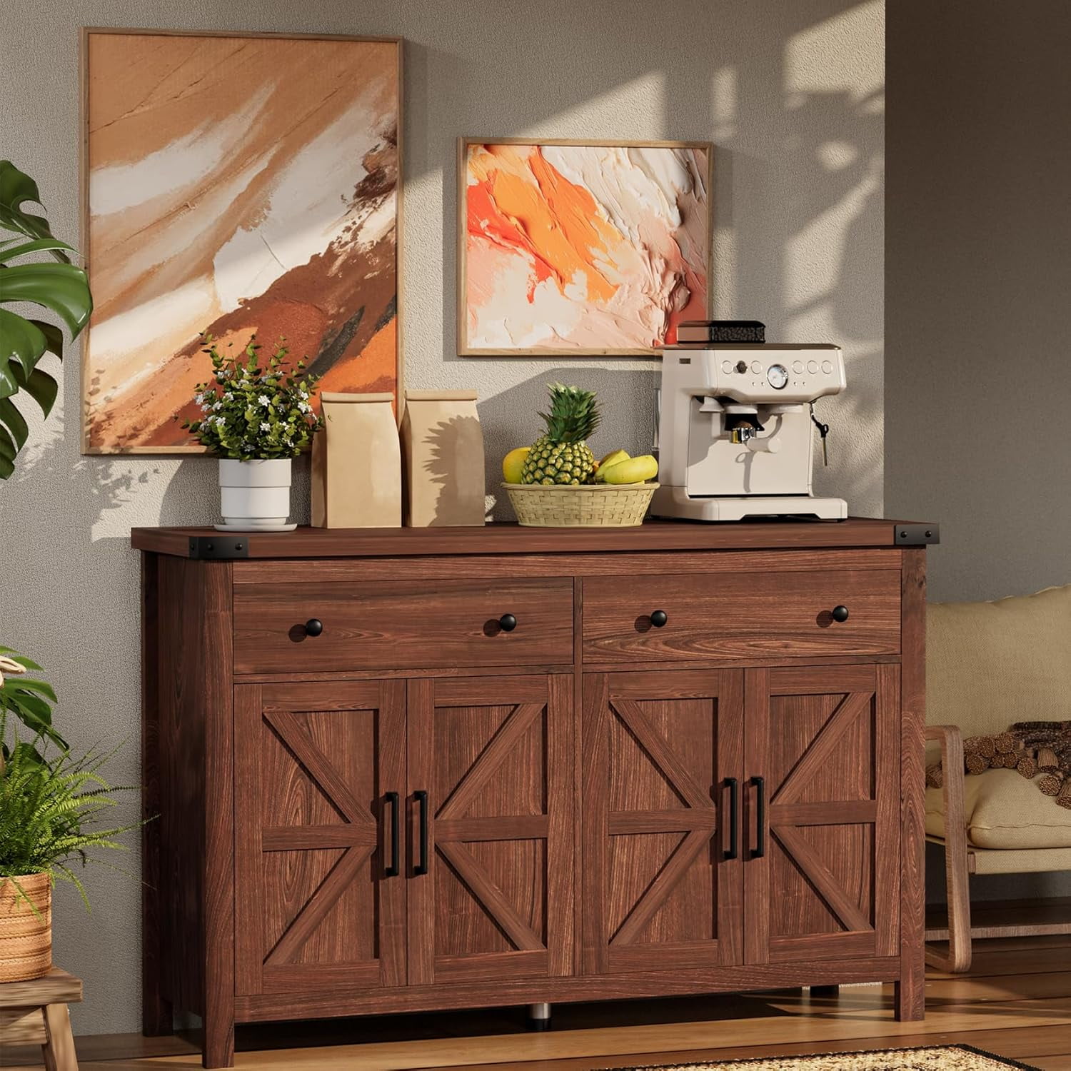 Frmobepts Farmhouse Kitchen Buffet Storage Cabinet, 4-Doors 2 Large ...