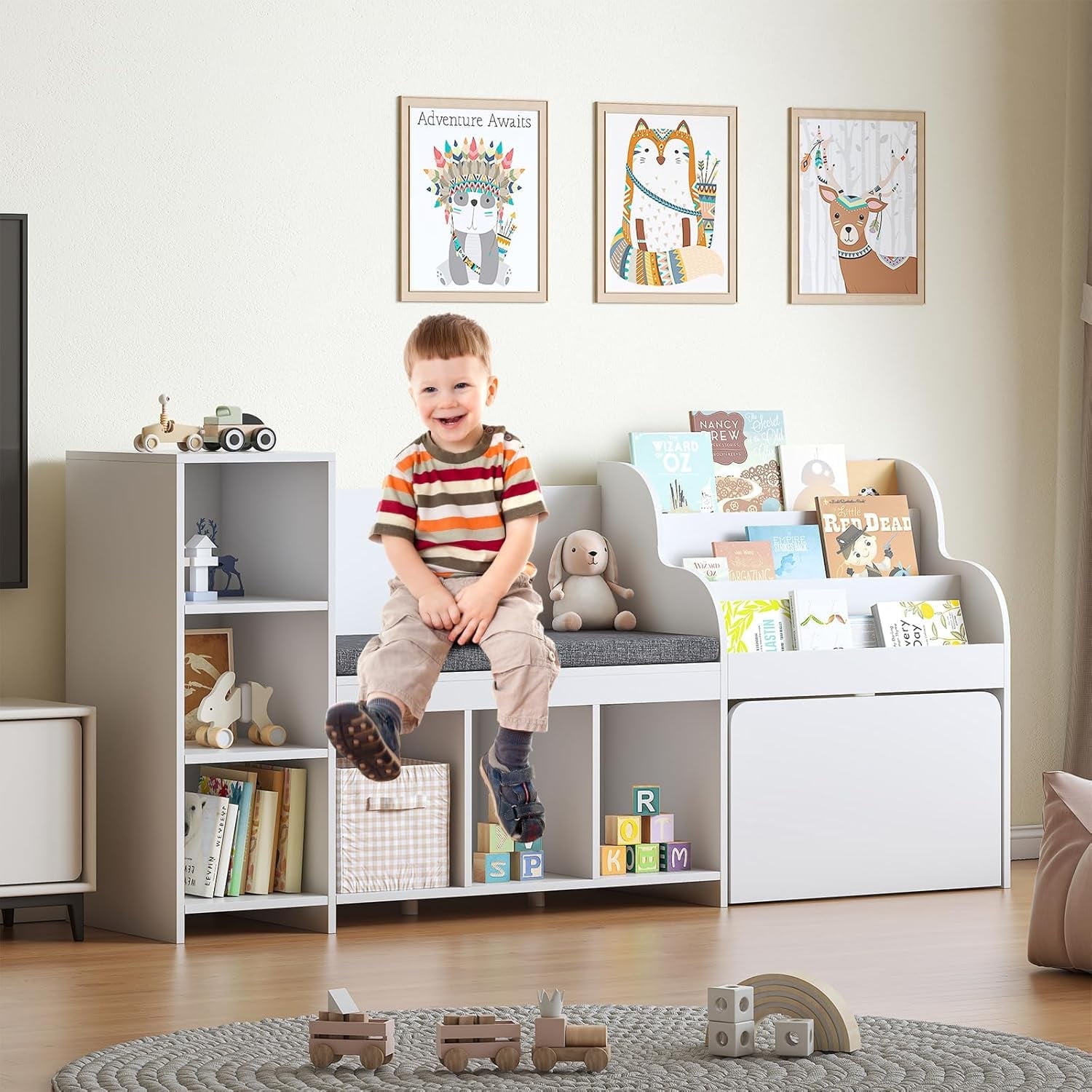 Frmobepts Kids Bookshelf with Reading Nook, 6 Shelf Bookcase with 1 ...