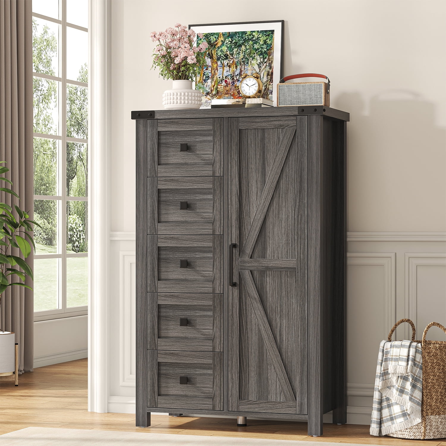 Frmobepts Farmhouse 5 Drawer Dresser with Barn Door, Adjustable Storage ...
