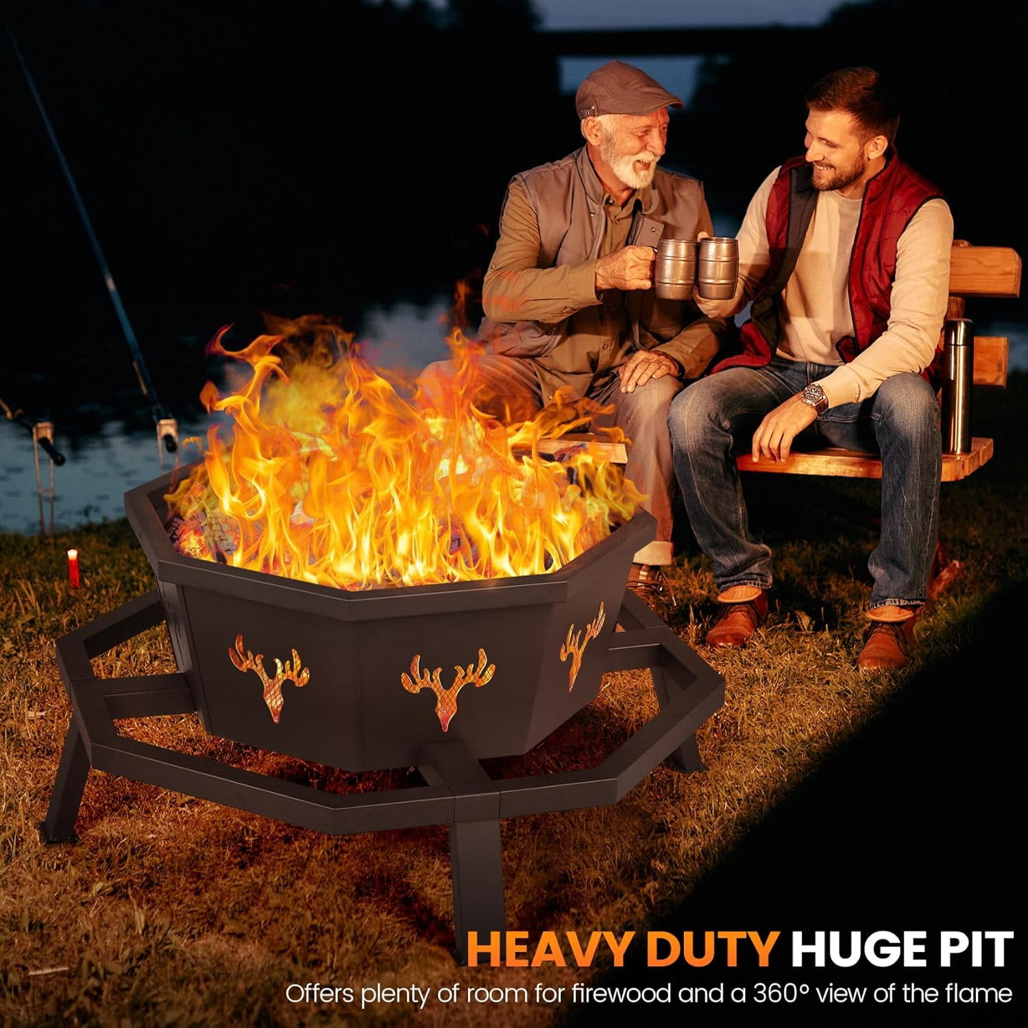 Frmobepts Octagon Wood Fire Pit, 35" Metal Outdoor Firepit for Patio ...