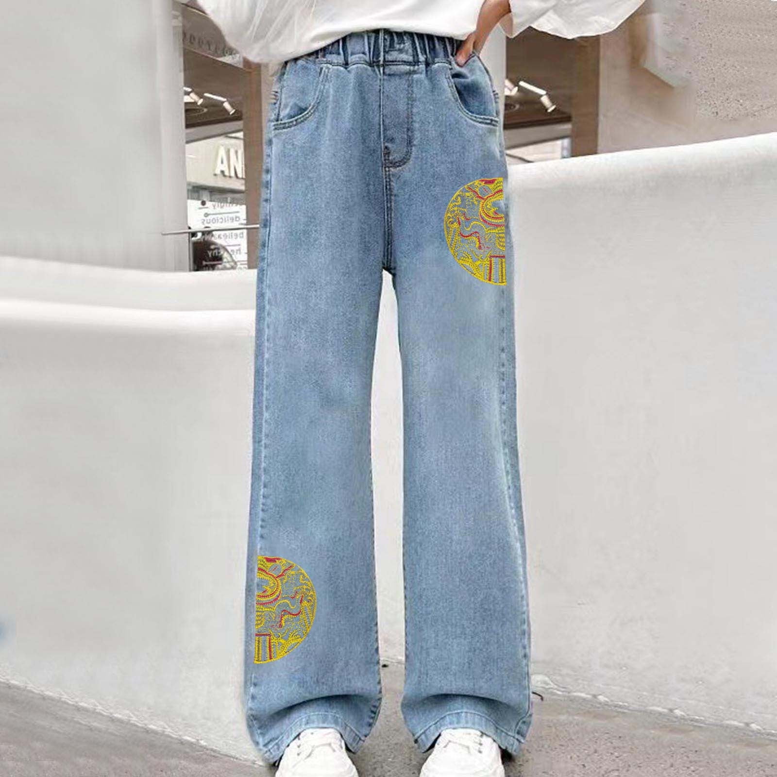 Frnrwgo Kid Girls Jeans Pants Embroidered Trendy Outdoor Elastic Waist ...