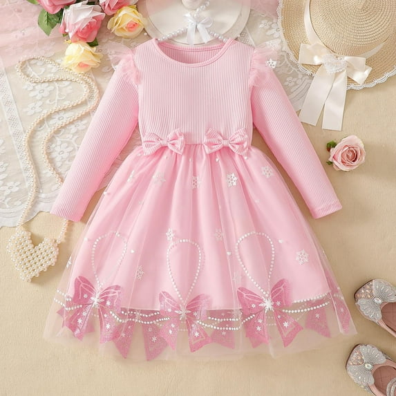 Frnrwgo Kids Girls Round Neck Dresses, Long Flutter Sleeve Bow Mesh ...