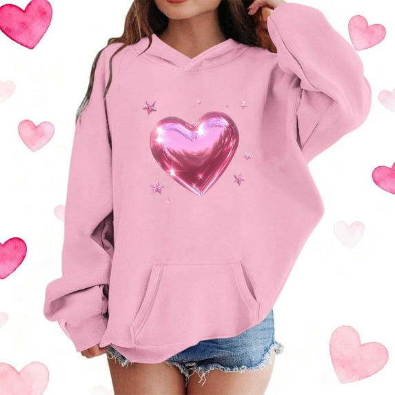 Frnrwgo Kids Girls Sweatshirts Heart Print Round Neck Lined Outerwear ...