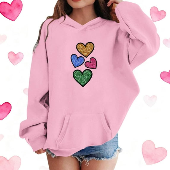 Frnrwgo Kids Girls Sweatshirts Heart Print Round Neck Lined Outerwear ...