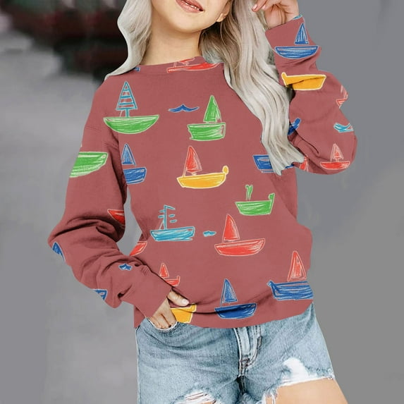 Frnrwgo Kids Sweatshirt for Girls Fashion Print Crew Neck Pullover ...