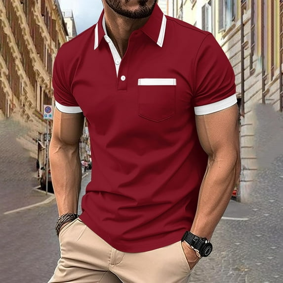 Frnrwgo T Shirts for Man Button Fashion Color Block Tee V-Neck Fitness ...