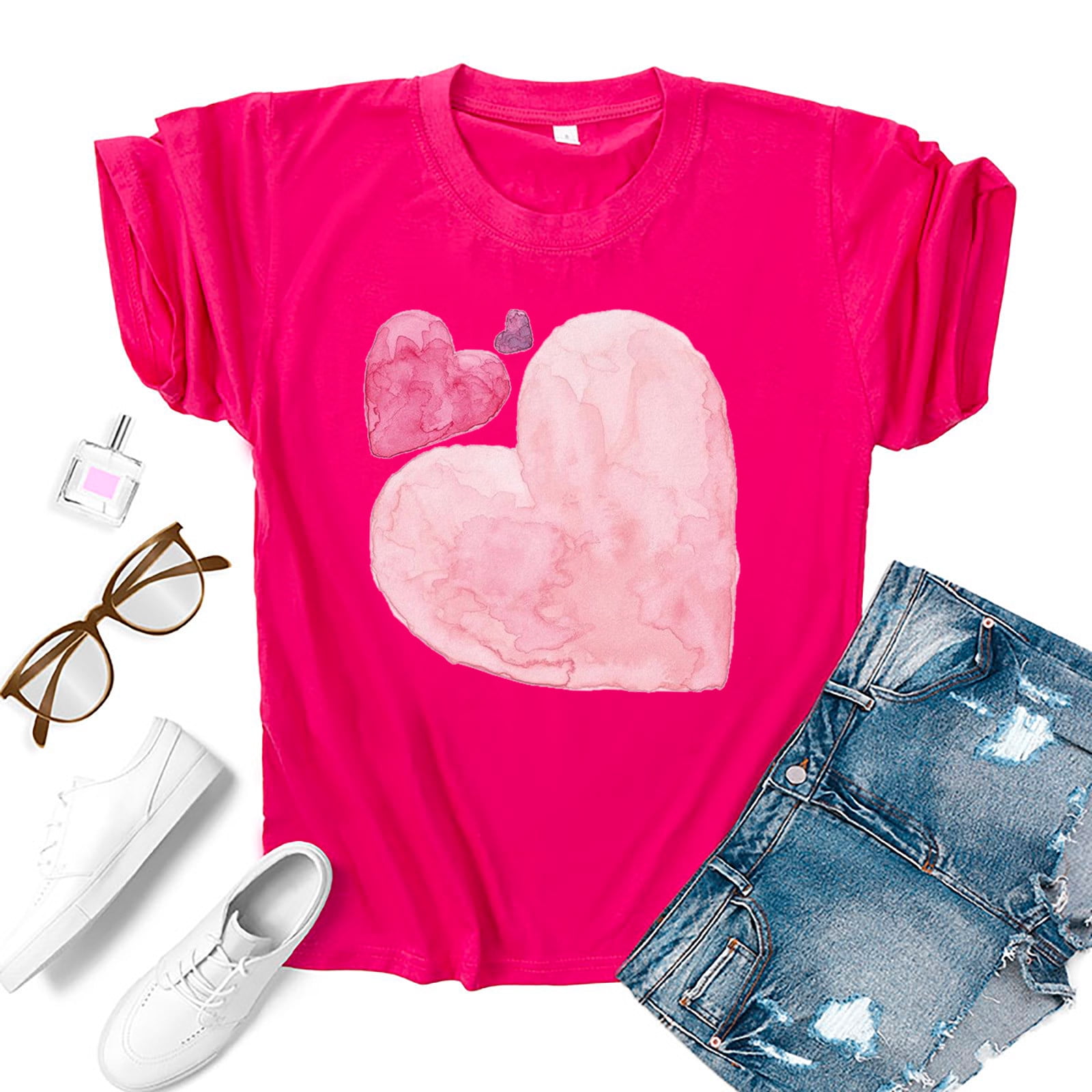 LIBRCLO Valentine Womens Shirts Love Heart Print Casual Short Sleeve T ...