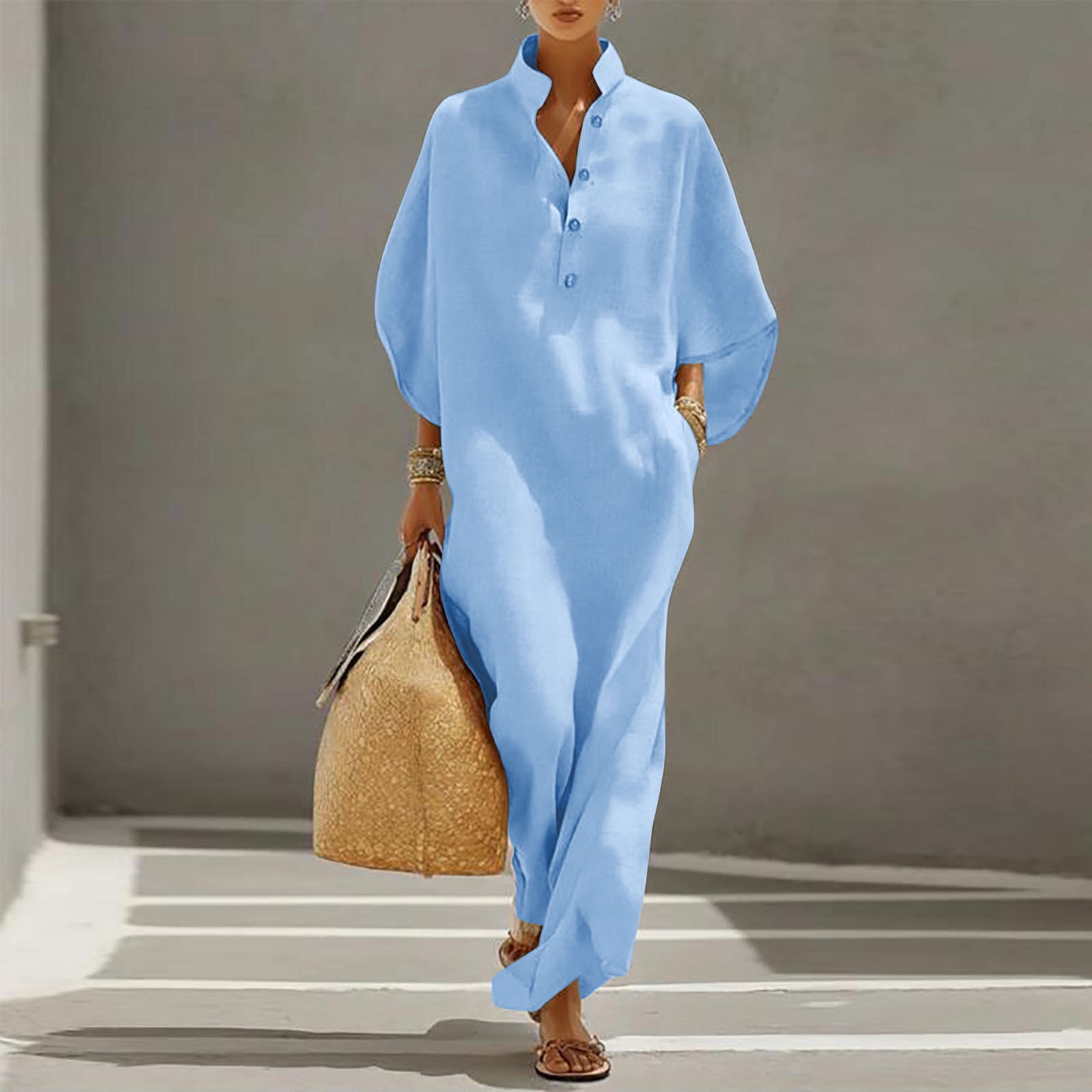 Frnrwgo Women Dresses Summer Botton Stand Collar 3/4 Sleeve Loose Fit ...