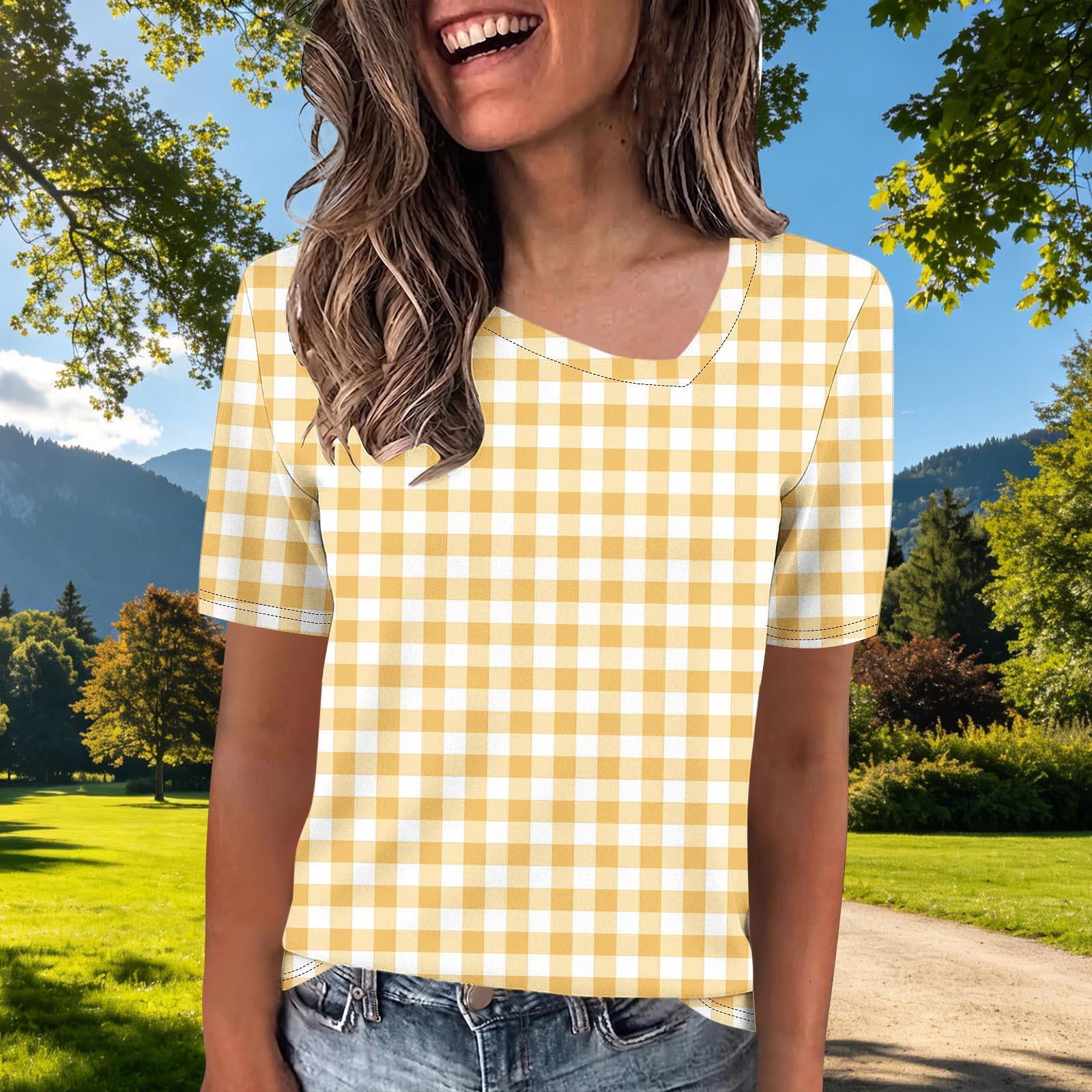 Asgosdo Women Tops Short Sleeve Grid Color Block Loose Fit Summer T ...