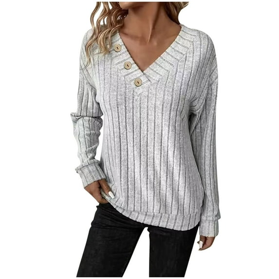 Frnrwgo Womens Top V-Neck Spring Fall Solid Color Long Sleeve Pullover ...