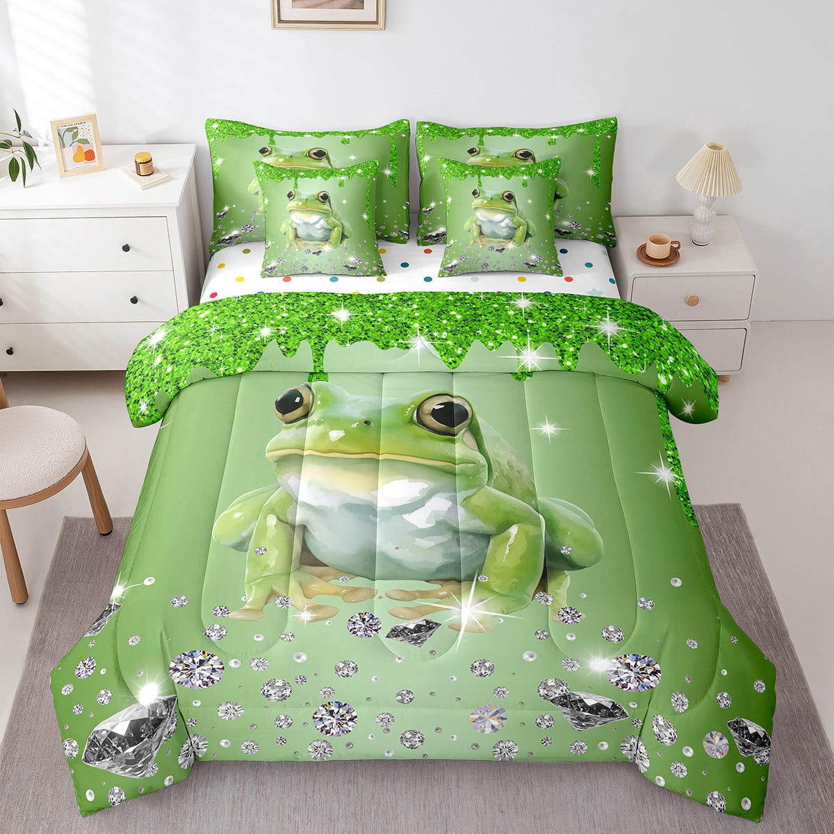 Frog 7 Piece Comforter Set Full Bed in a Bag,Green Sequin Fluid Art ...