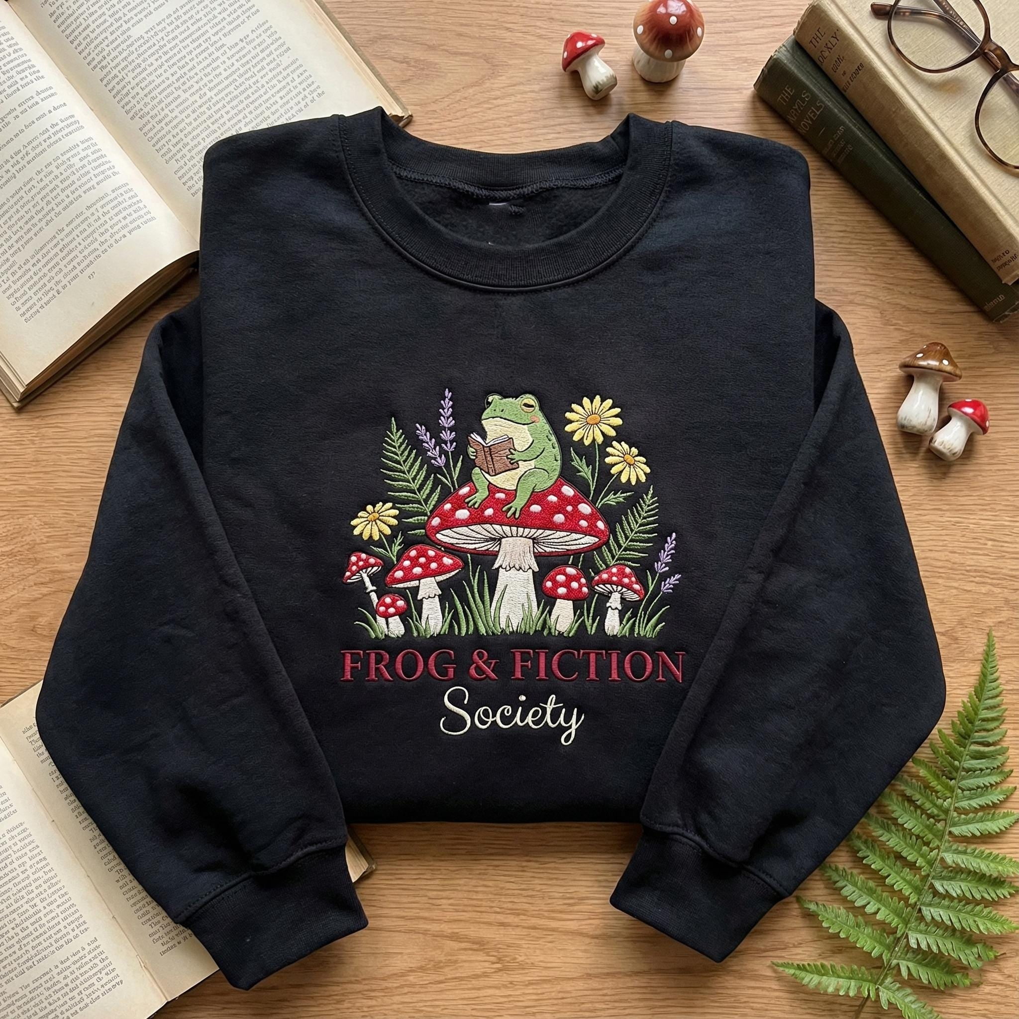 Frog And Fiction Sweatshirt, Embroidered Book Club Crewneck, Reading ...