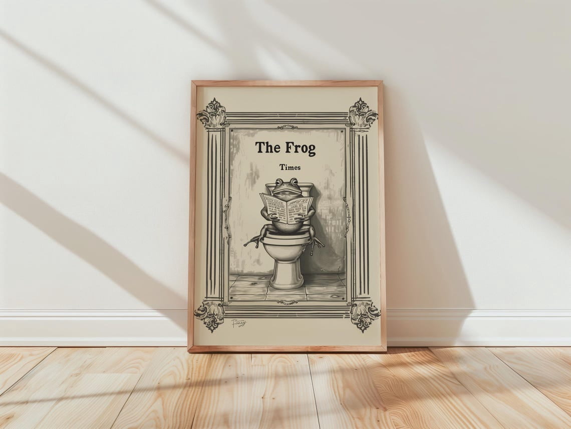 Frog Bathroom Wall Art, Vintage Humorous Print, Beige and Black Quirky ...