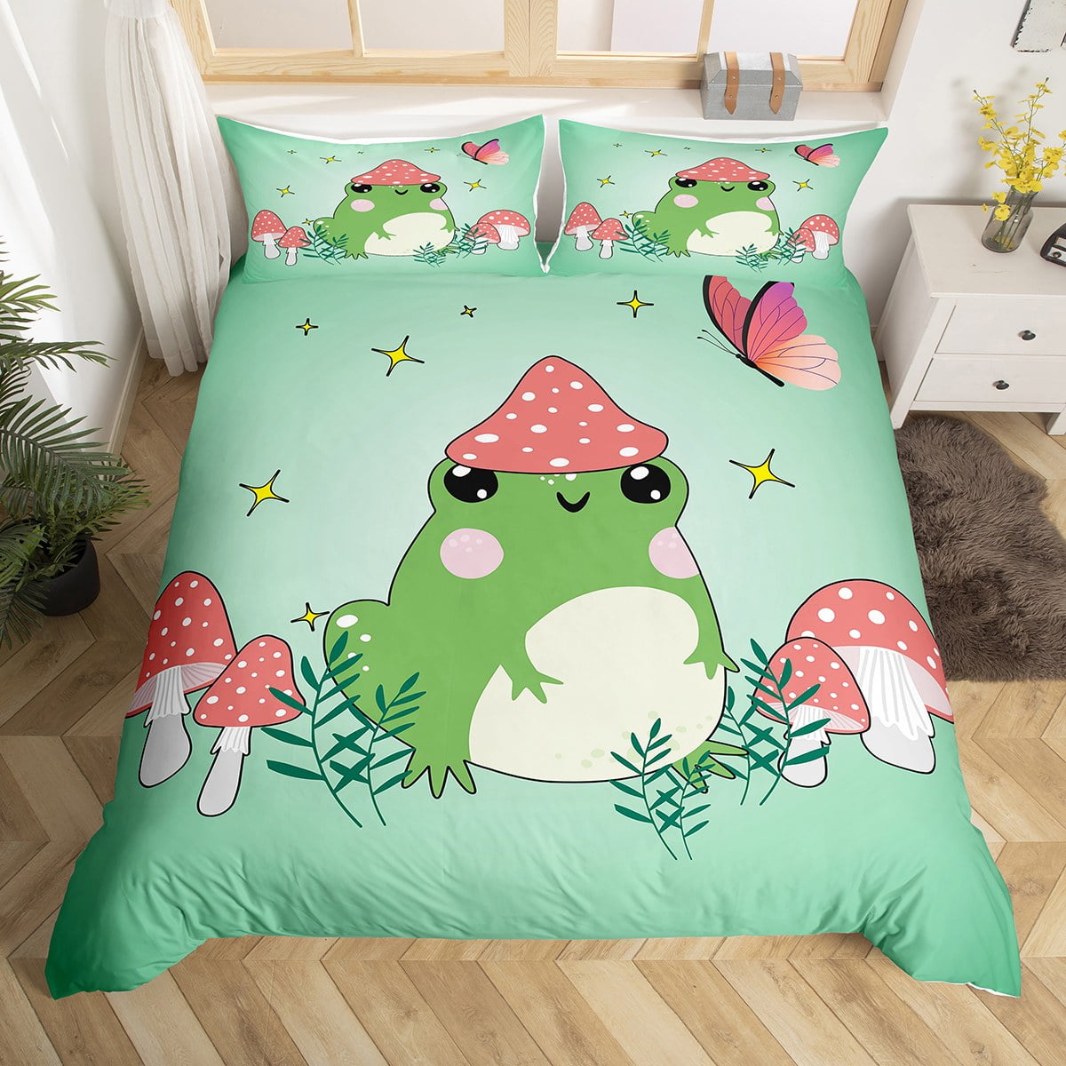Frog Bedding Set Boys Girls Kawaii Room Decor,Cartoon Mushrooms Duvet ...