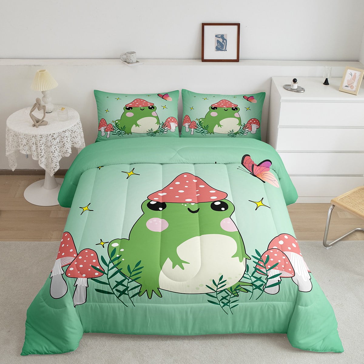 Frog Bedding Set Kawaii Decor,Cartoon Red Mushroom Comforter Set ...