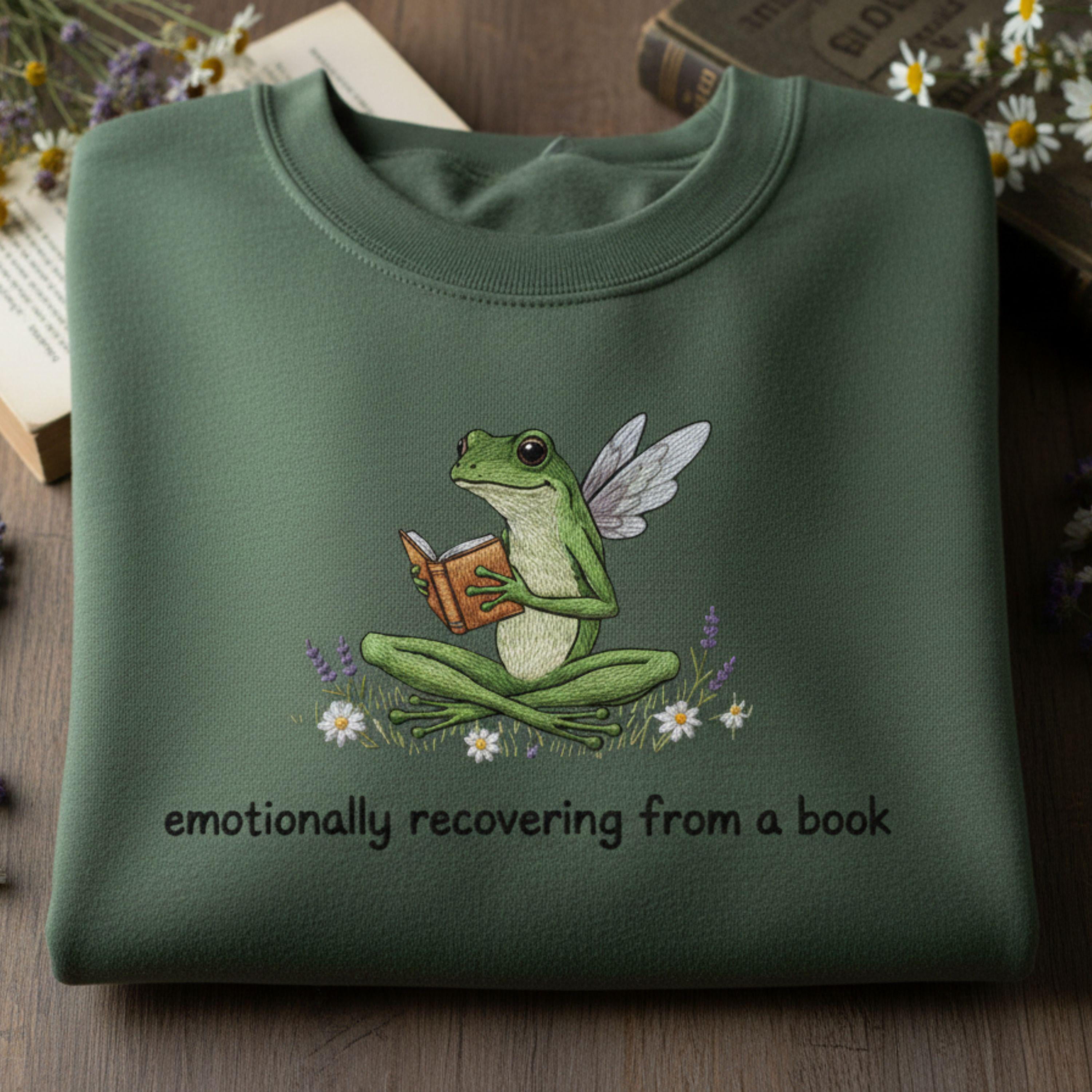 Frog Bookish Wildflower Embroidered Sweatshirt Reading Book Crewneck ...