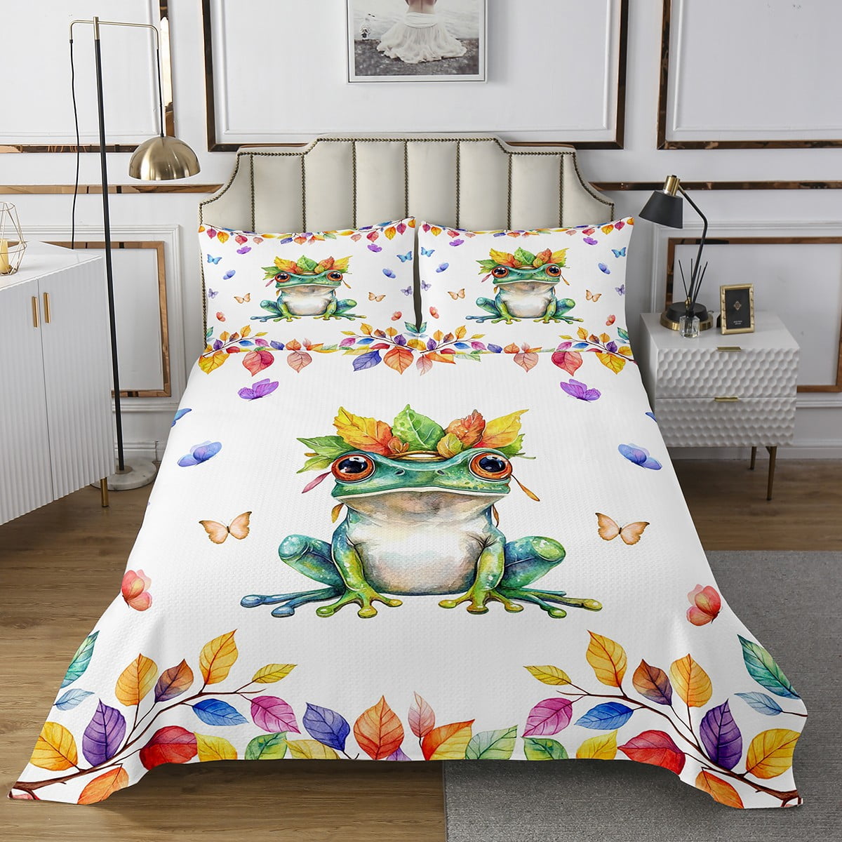 Frog Coverlet Queen Size Watercolor Animals Bedding Set, Woodland ...