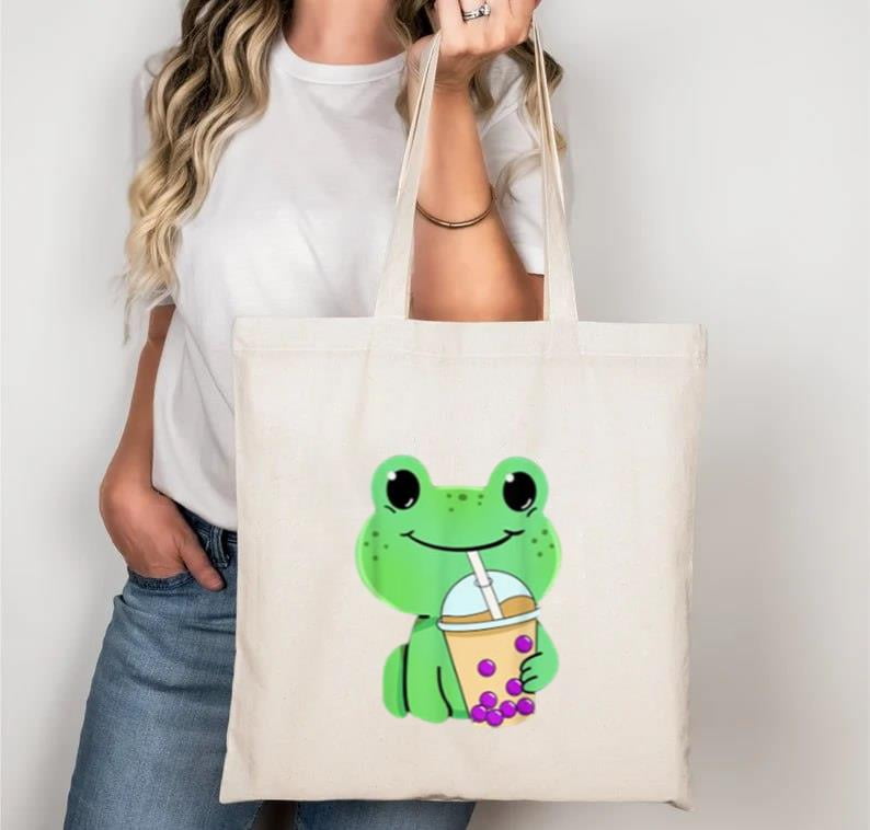 Frog Drinking Bubble Tea Kawaii Style Cute Boba Lover Graphic Tote Bags ...