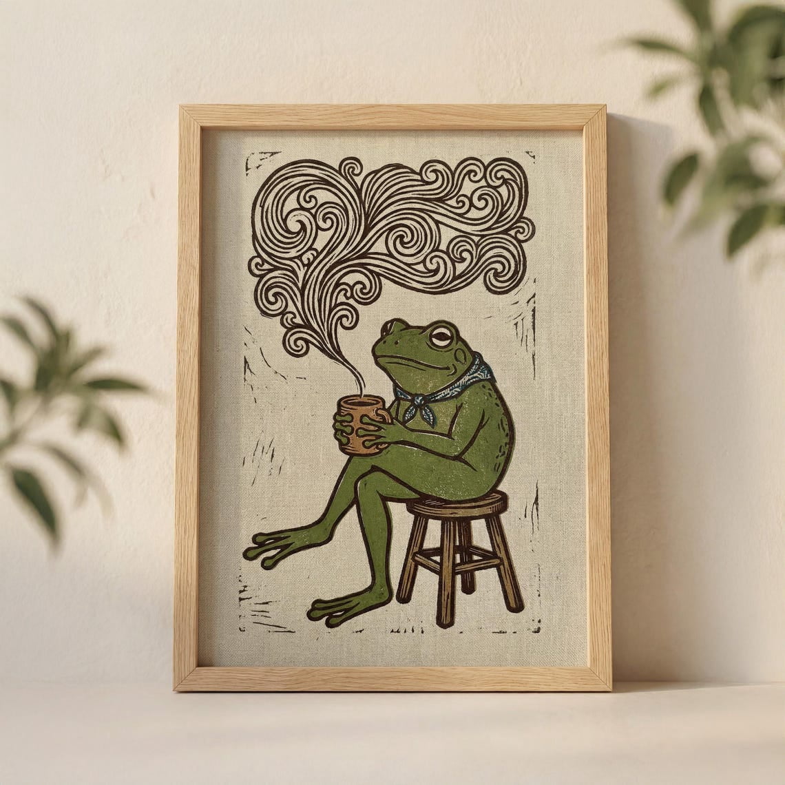 Frog Drinking Coffee Cozy Illustration with Swirling Steam and Bandana ...