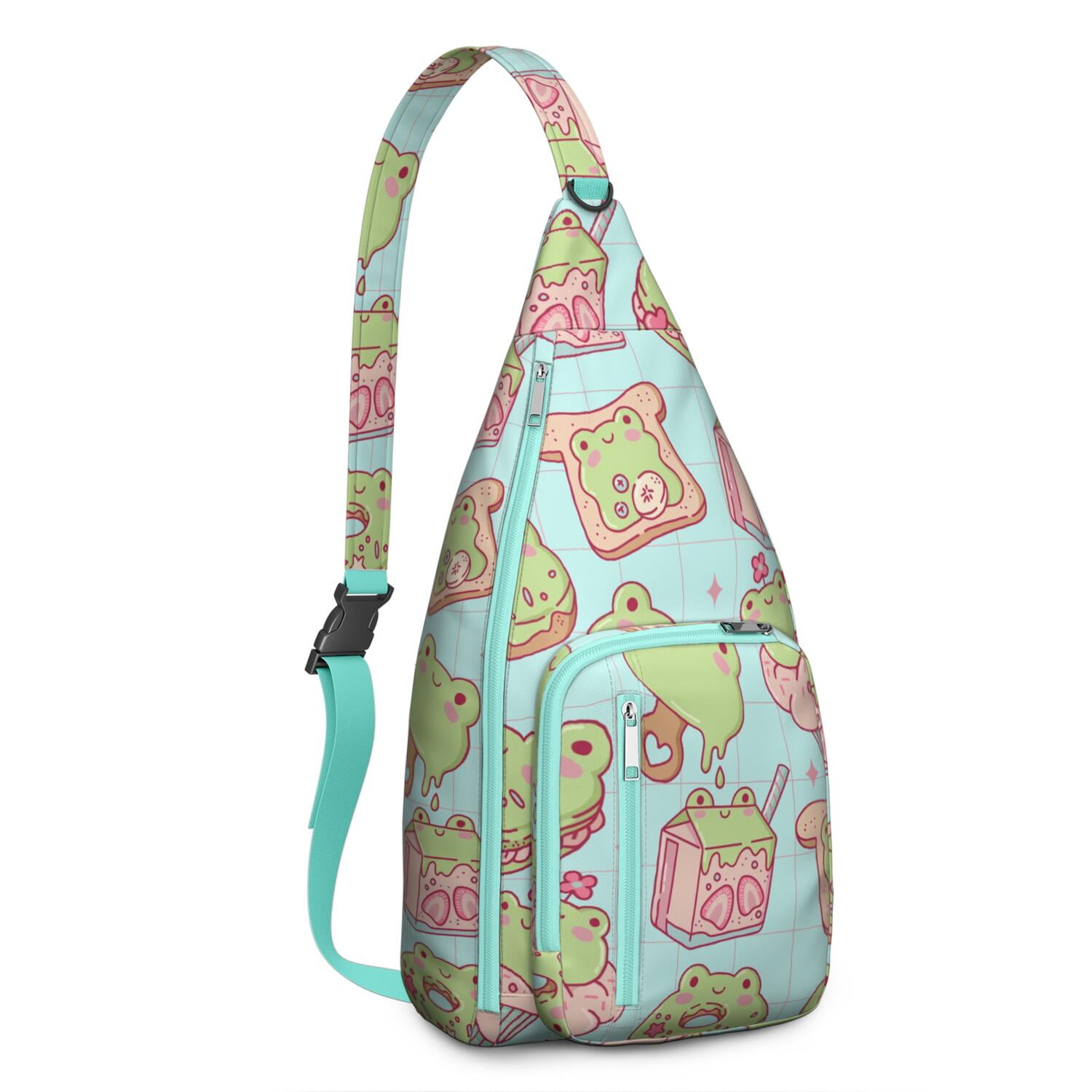 Frog & Flower Pattern Sling Backpack - Green Frog Cartoon Crossbody Bag ...