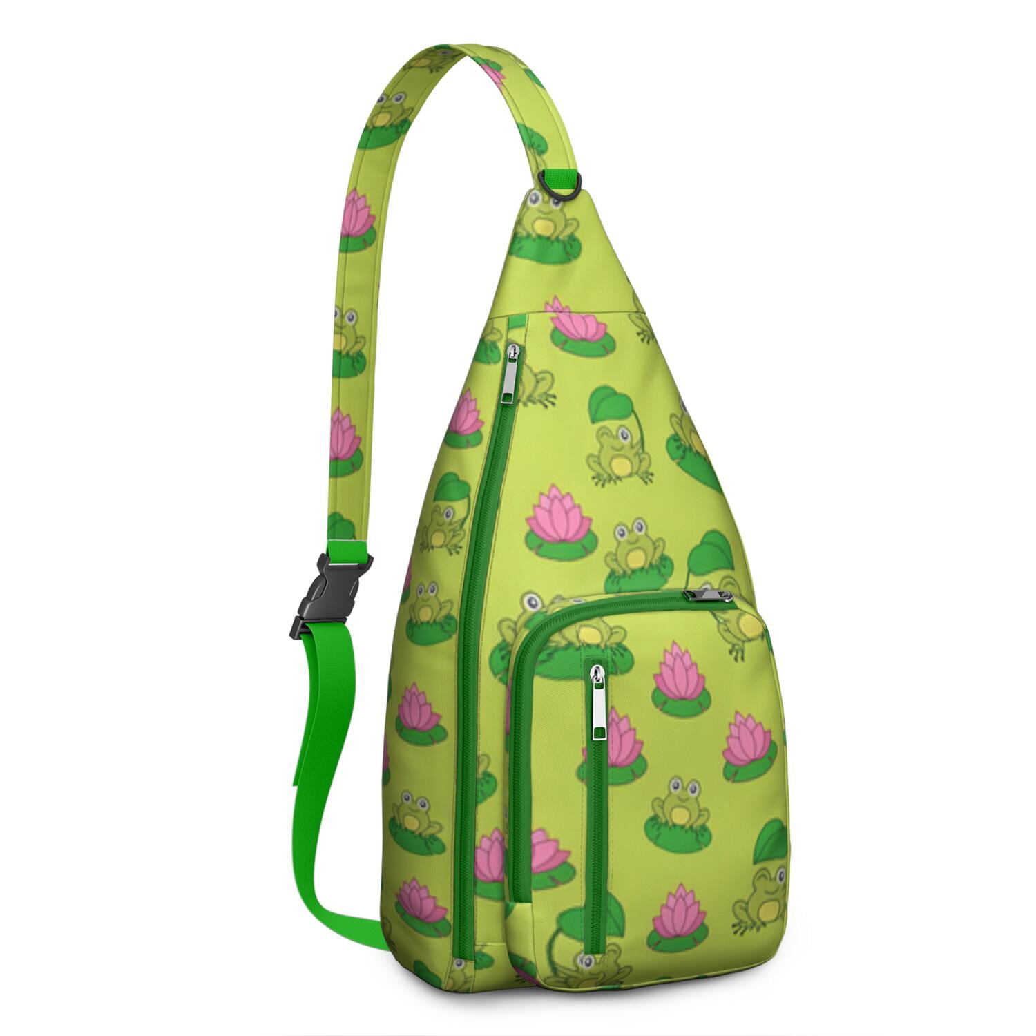 Frog & Flower Pattern Sling Backpack - Green Frog Cartoon Crossbody Bag ...