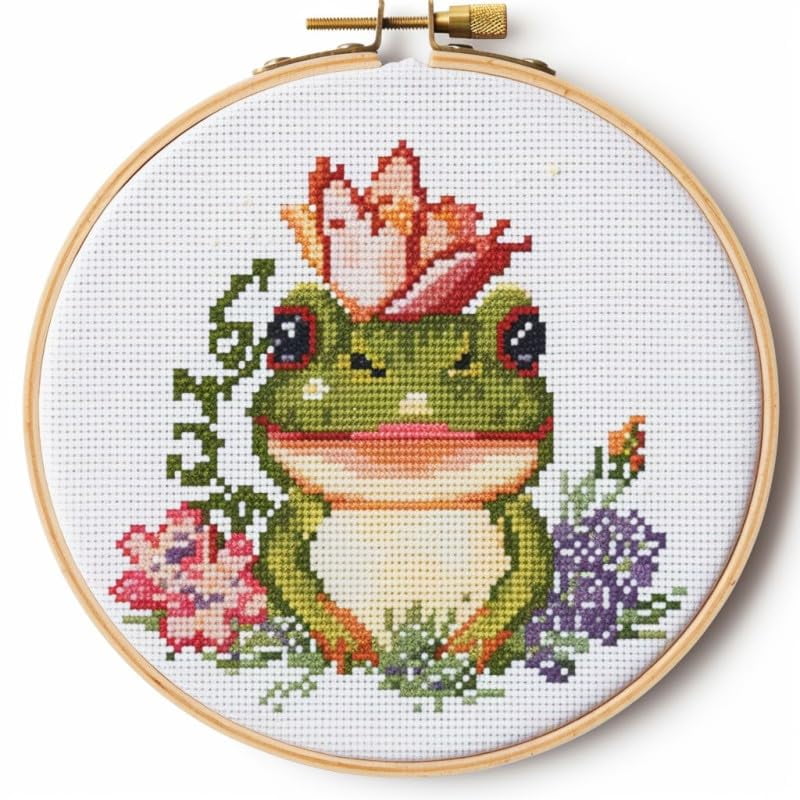 Frog & Flowers Starter Easy Cross Stitch Kits Color Stamped Embroidery Kits DIY 11CT Stamped ...
