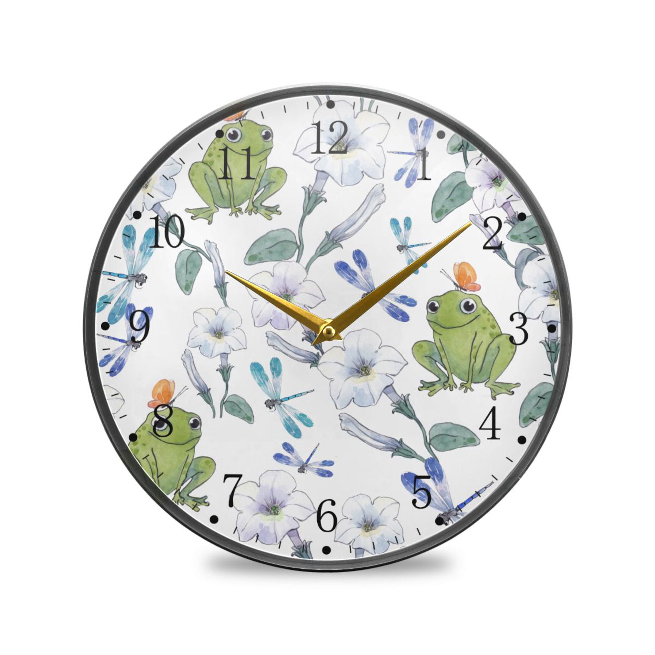 Frog Flowers and Dragonflies Acrylic Wall Clocks Quiet Round Clock ...