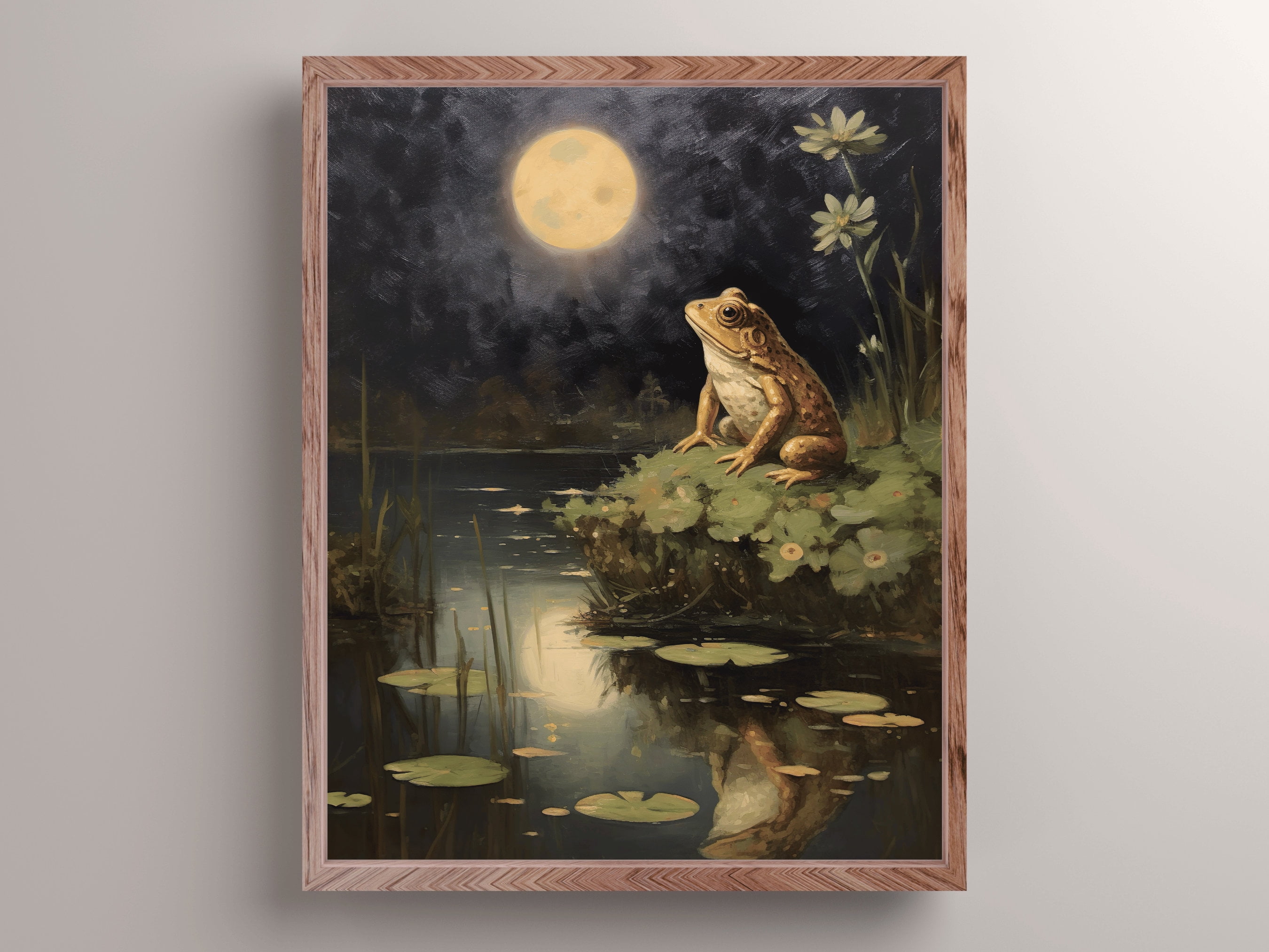 Frog Under The Full Moon Art Print, Dark Cottagecore Frog Painting ...
