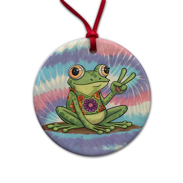 Frog Giving Peace Sign Tie-Dye Cartoon Christmas Tree Holiday Round ...