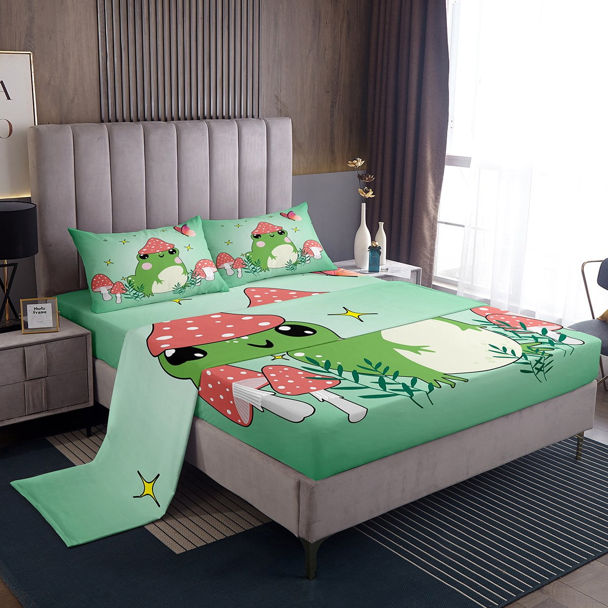 Frog Green Bed Sheets Red Mushroom Decor,Cartoon Wildlife Rustic ...