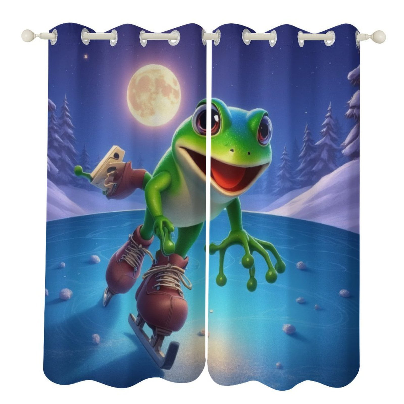 Frog Ice Skating Moonlight Forest 2 Panels Curtains for Bedroom Living ...