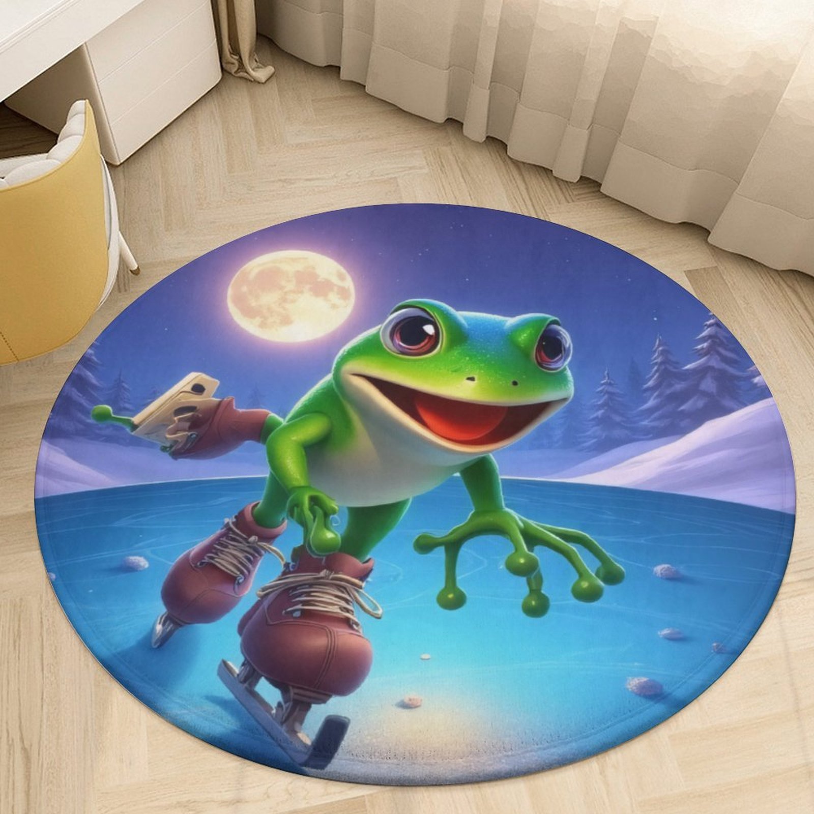 Frog Ice Skating Moonlight Forest Round Area Rugs for Bedroom Living ...