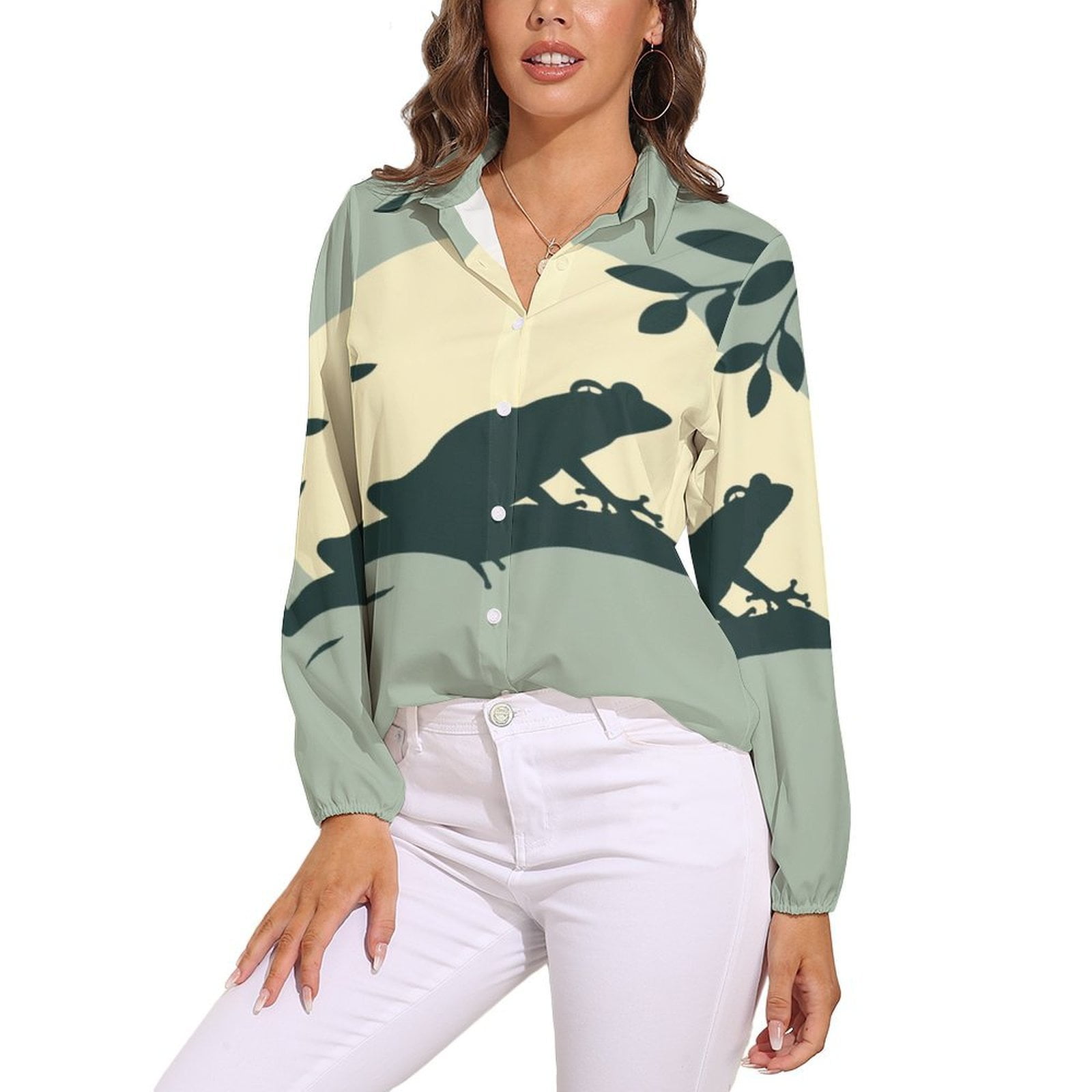 Frog Moon Branch Blouse Female Long Sleeve Casual Shirts Oversized ...