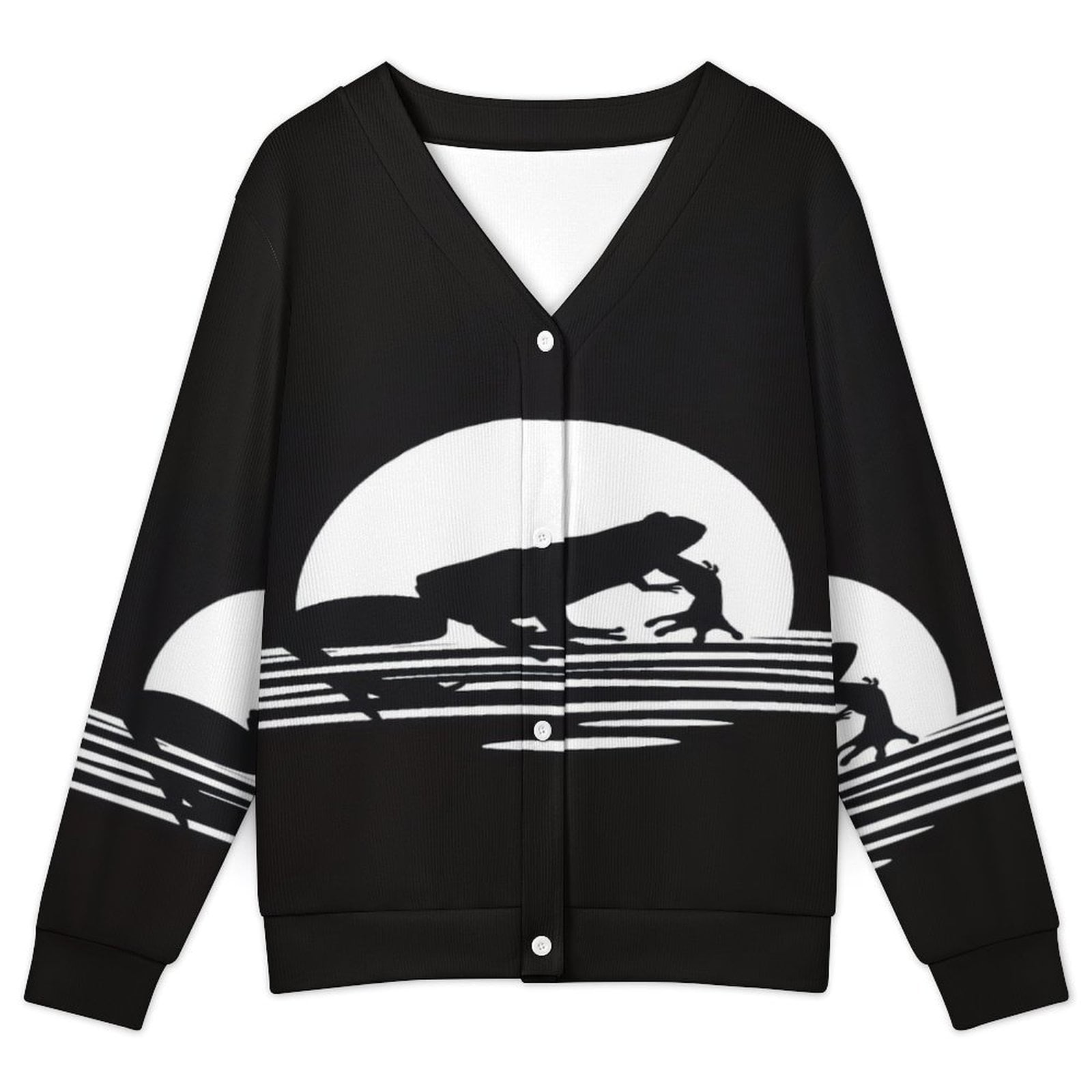Frog Moon Silhouette(4) Sweater Women V-neck Single-Breasted Letters Long Sleeve Top Jacket Fall ...