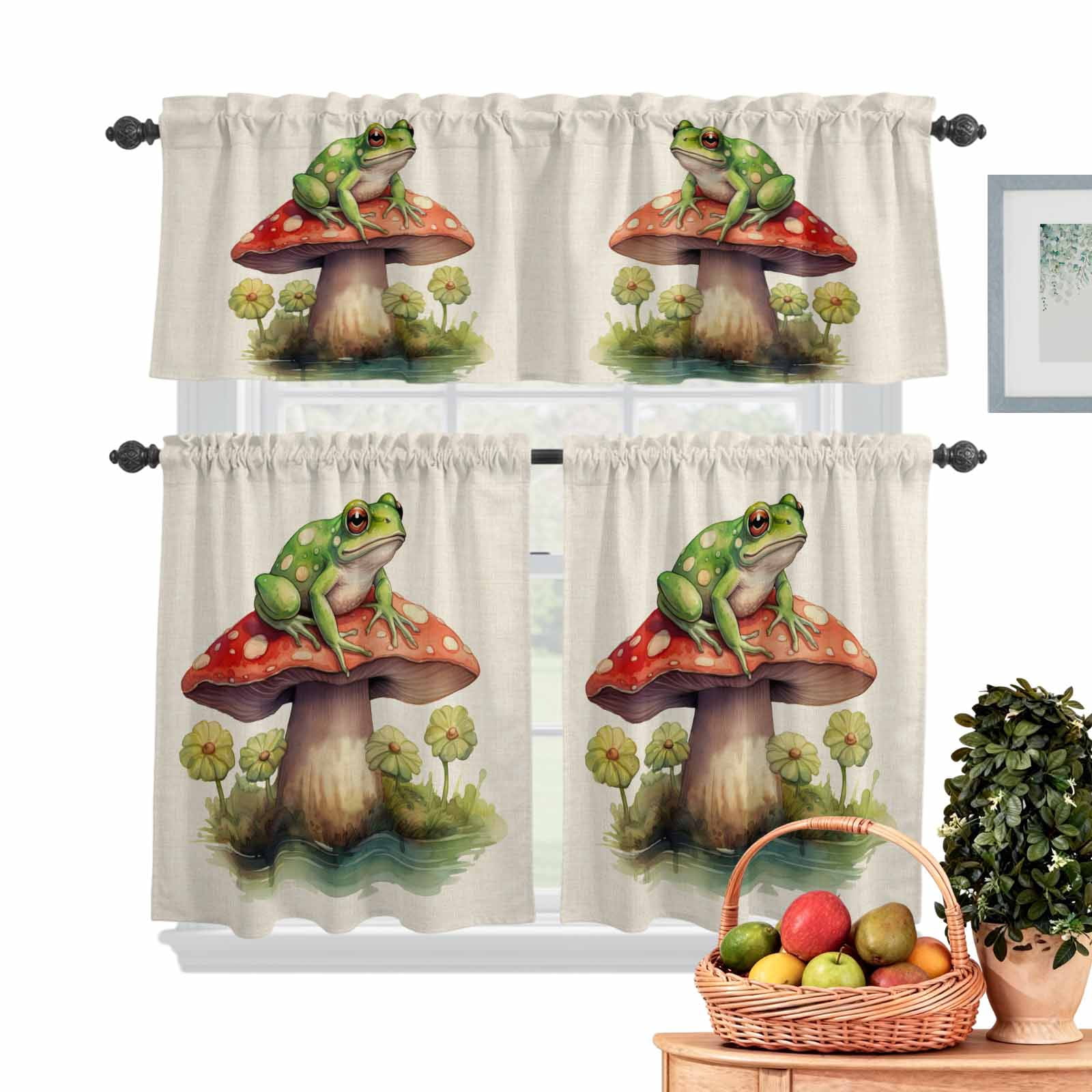 Frog Mushroom Kitchen Curtains Valances 3 Piece Set, Watercolor Plant ...