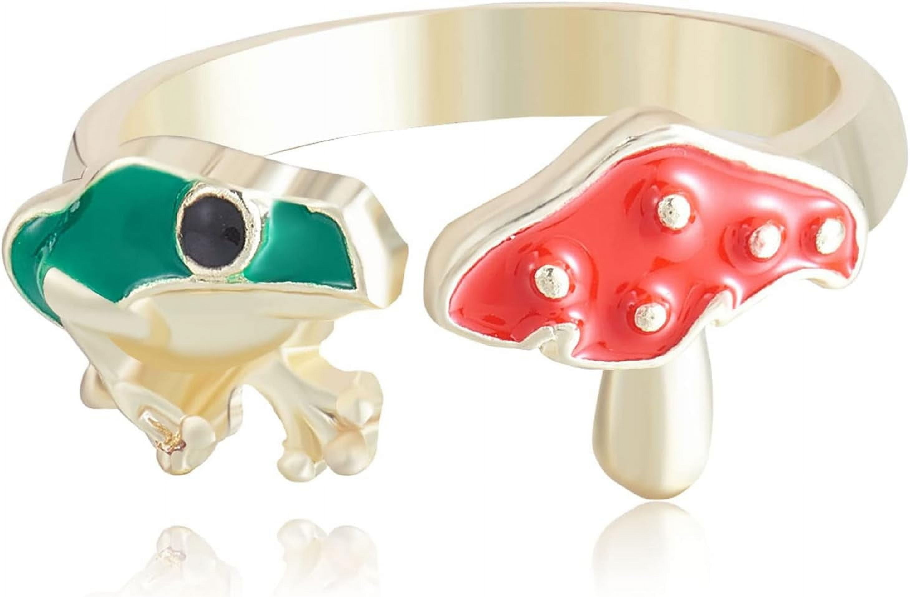 Frog Mushroom Ring Gold Plated Alloy Open Ring Cute Lovely Animal Plant Ring Vintage Green Frog ...