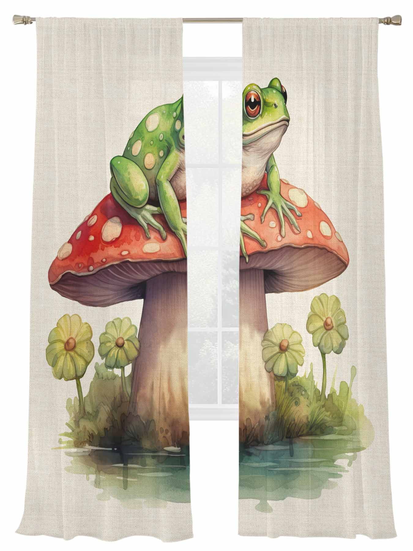 Frog Mushroom Sheer Curtains 2 Panels Set Watercolor Plant Leaves Linen ...