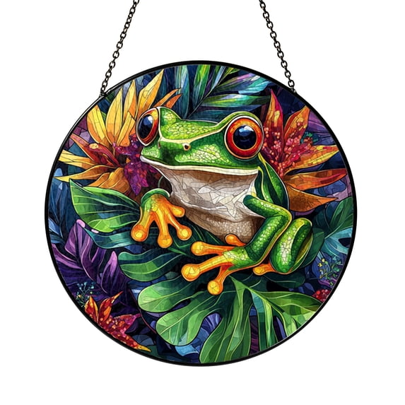 Frog Nature Scene Stained Glass Style Suncatcher, Colorful Amphibian ...