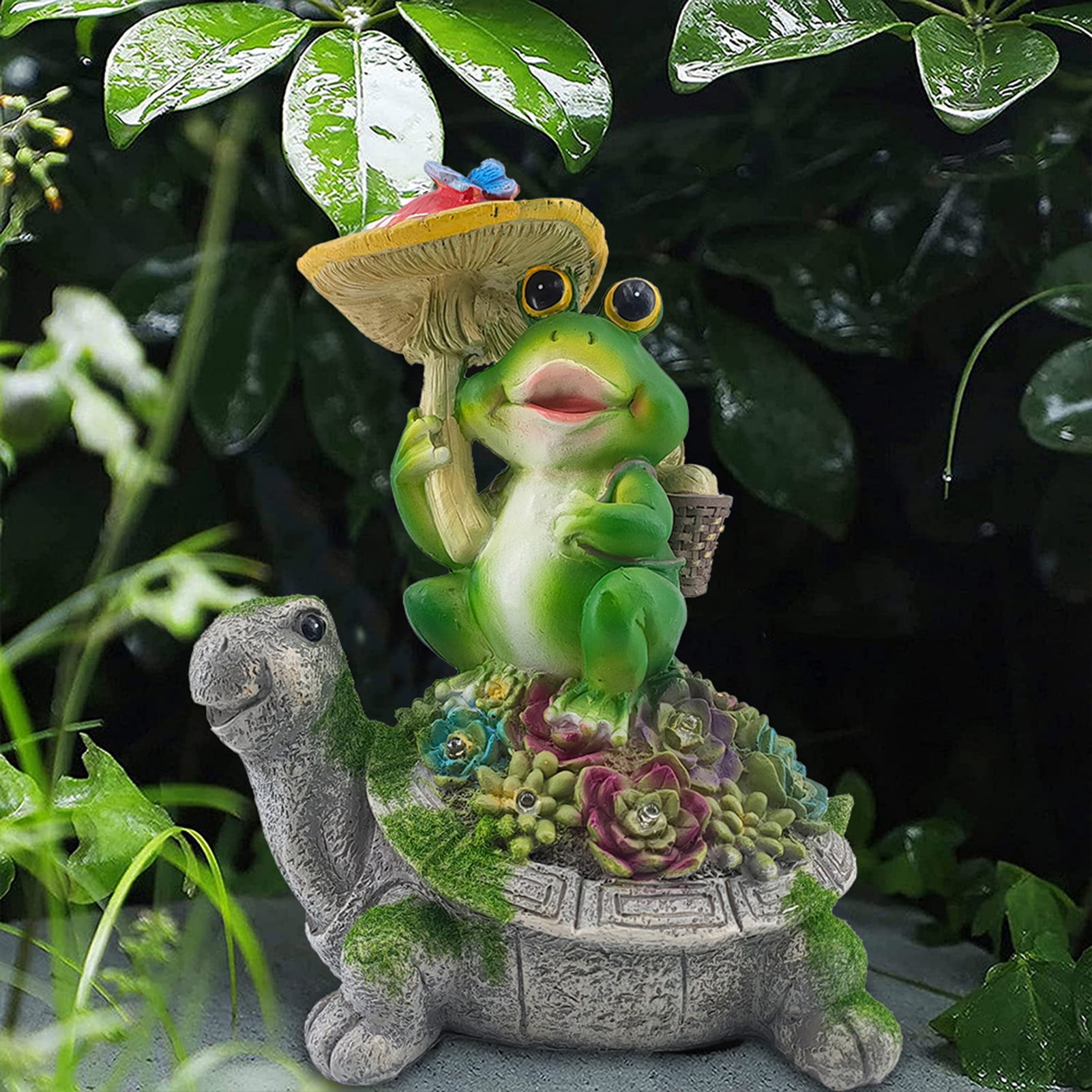 Frog Ornament with Mushroom Umbrella - Sitting On Succulent Turtle ...