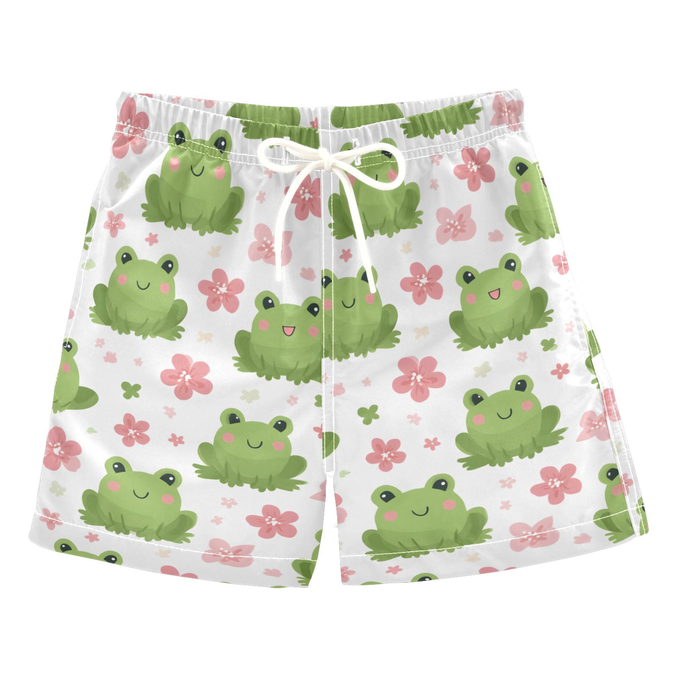 Frog Pink Flower Pattern Swim Trunks Quick Dry Beach Pool Board Shorts ...