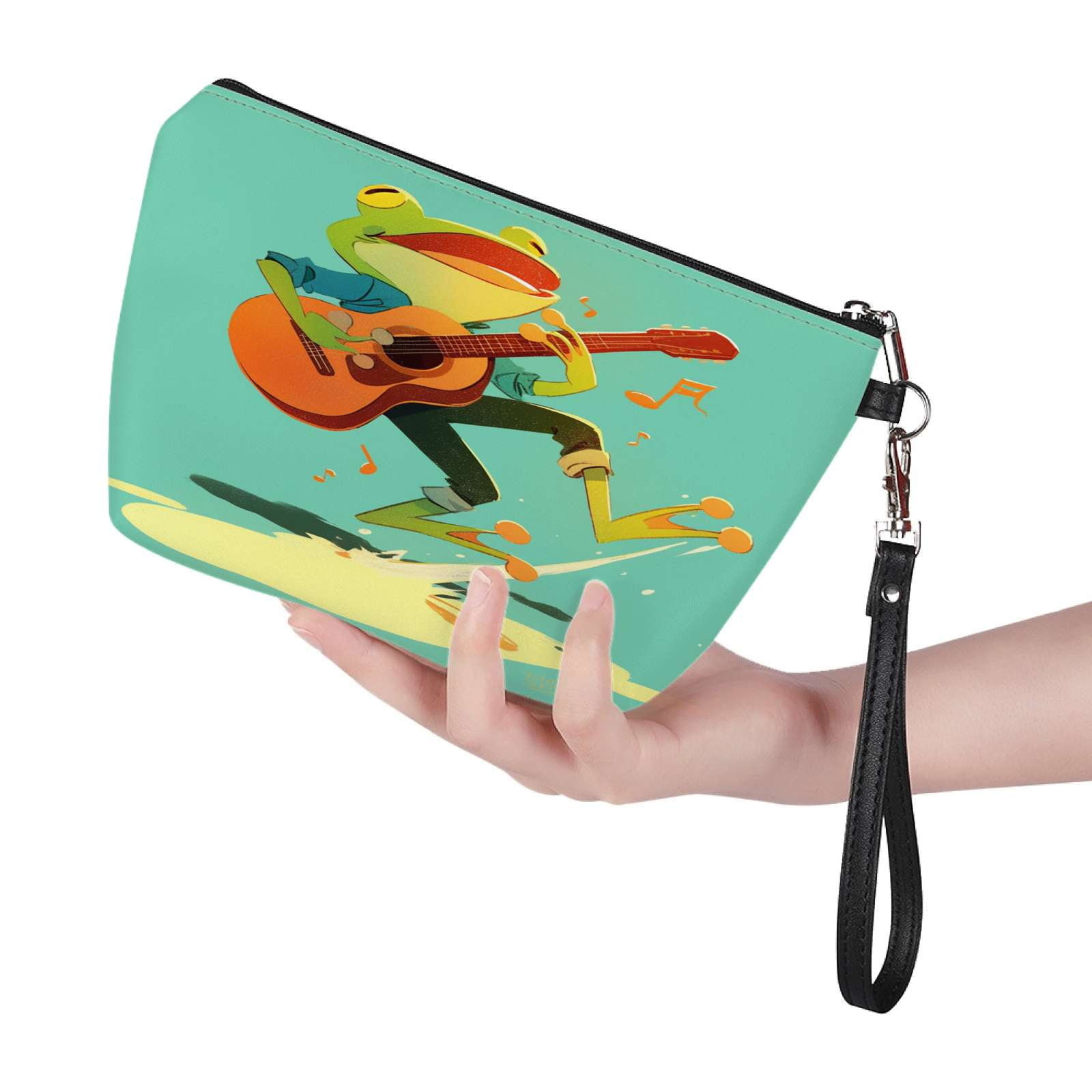 Frog Playing Guitar Musical Frog Leather Makeup Bag Small Travel ...