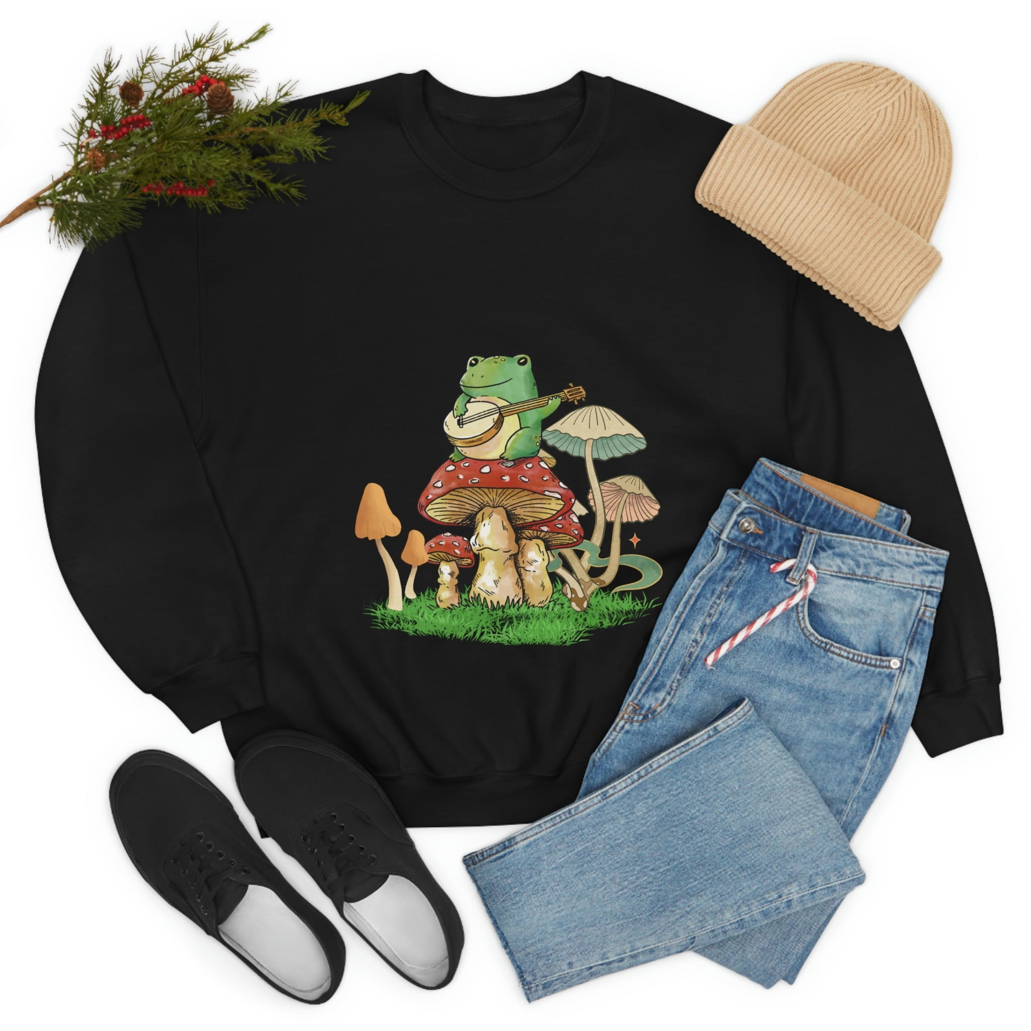 Frog Playing Instrument On Mushroom Sweatshirt (Cottagecore/Mushroom ...