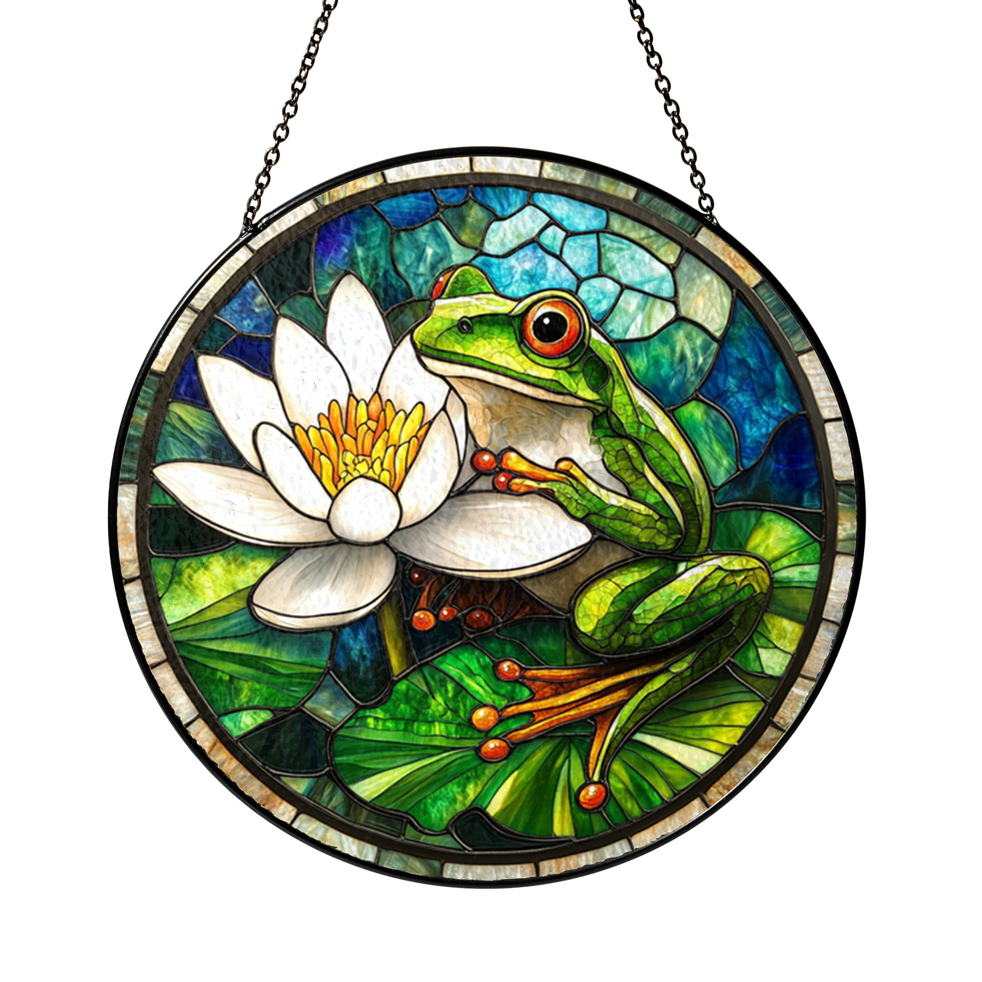 Frog Pond Scene Glass Style Window Hanging – Decorative Home Art ...