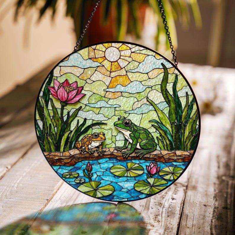 Frog Pond Stained Glass Suncatcher Nature Window Decor Gift for Frog ...