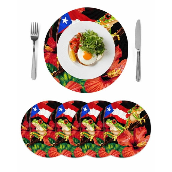 Frog Puerto Rico Flag Round Table Placemats set of 4, Hibiscus Flower ...