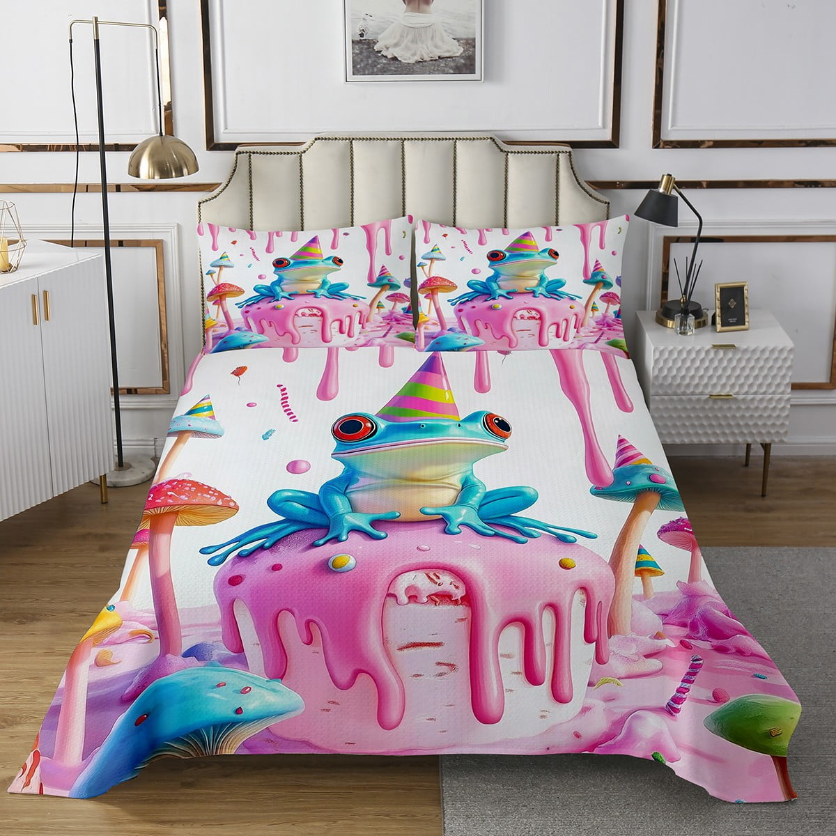 Frog Quilt Set Cute Cartoon Animal Bedspread Colorful Mushroom Print ...