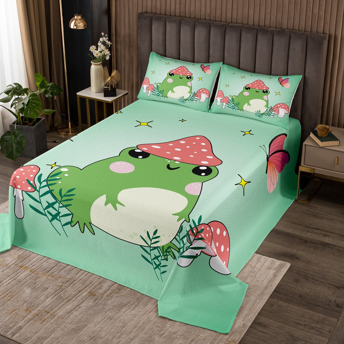 Frog Quilt Set Kids Boys Girls Kawaii Decor,Cartoon Red Mushroom ...
