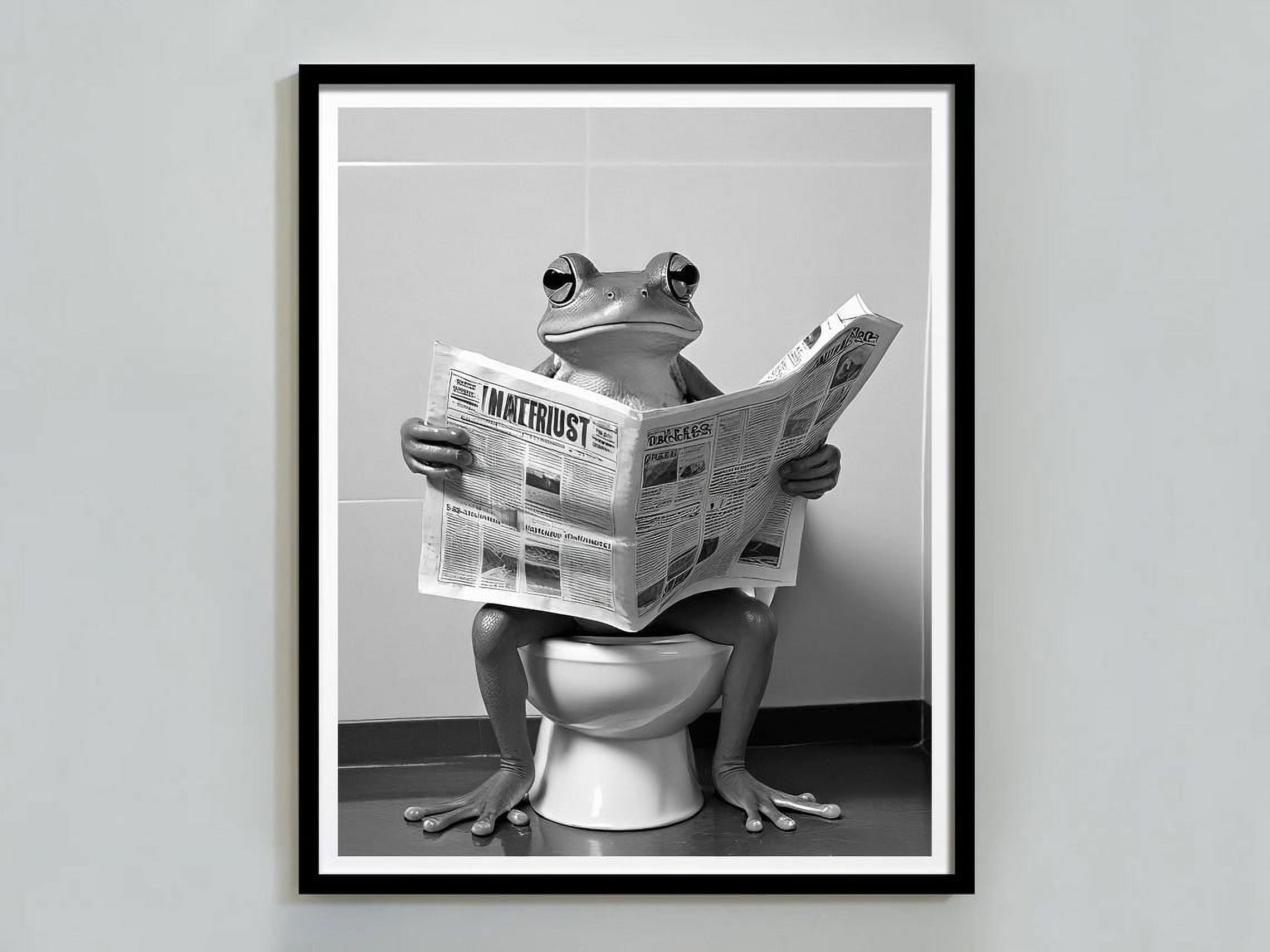 Frog Reading Newspaper On Toilet Print, Funny Bathroom Wall Art, Black ...
