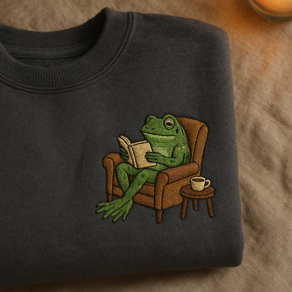 Frog Reading in Chair Embroidered Sweatshirt, Academia Toad Cozy ...