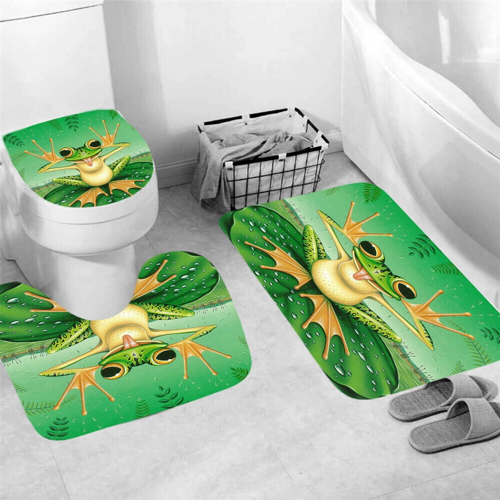 Frog Shower Curtain Set Thick Bathroom Rugs Bath Mat Non-Slip Toilet ...